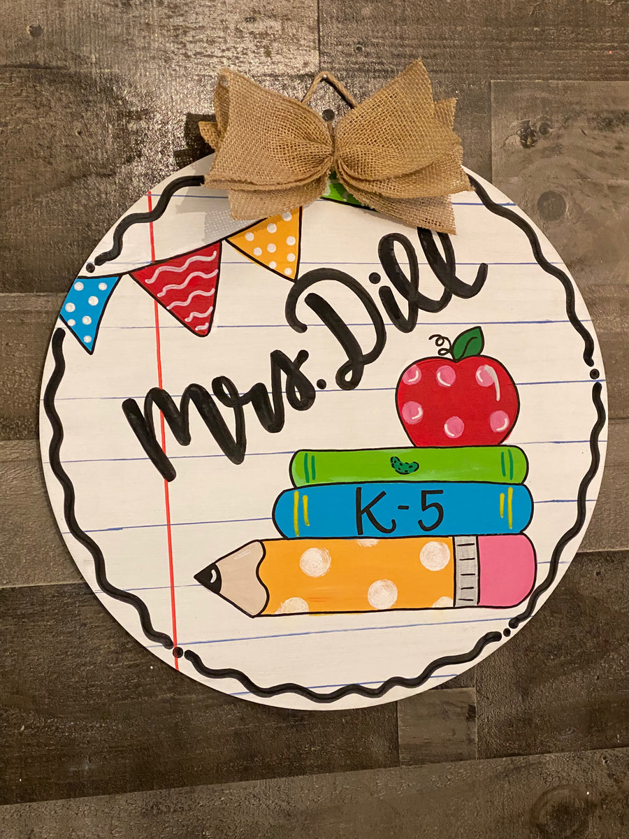 Teacher Round Book Stack Wooden Door Hanger – Paint it up!